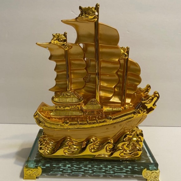 Art | Feng Shui Golden Lucky Dragon Ship Sailing Boat Statue Home ...